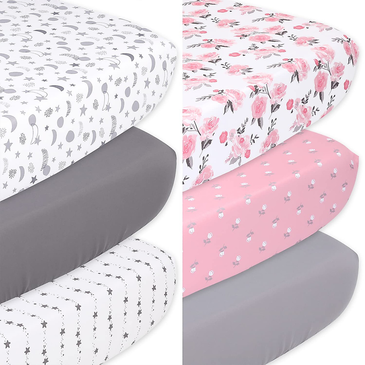 The Peanutshell Celestial Stars and Pink Floral Fitted Crib Sheets for Girls | 6 Pack | Pink, Grey