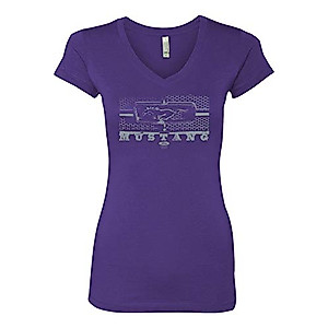 Vintage Ford Mustang Silver Honeycomb Grill Distressed Cars and Trucks Womens Junior Fit V-Neck Tee, Purple Rush, Medium