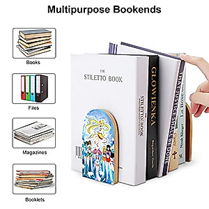 Anime Poster Moon Bookends Wood Book Divider Decorative Shelves Non-Skid Book Stand 2 Pieces for Office Home
