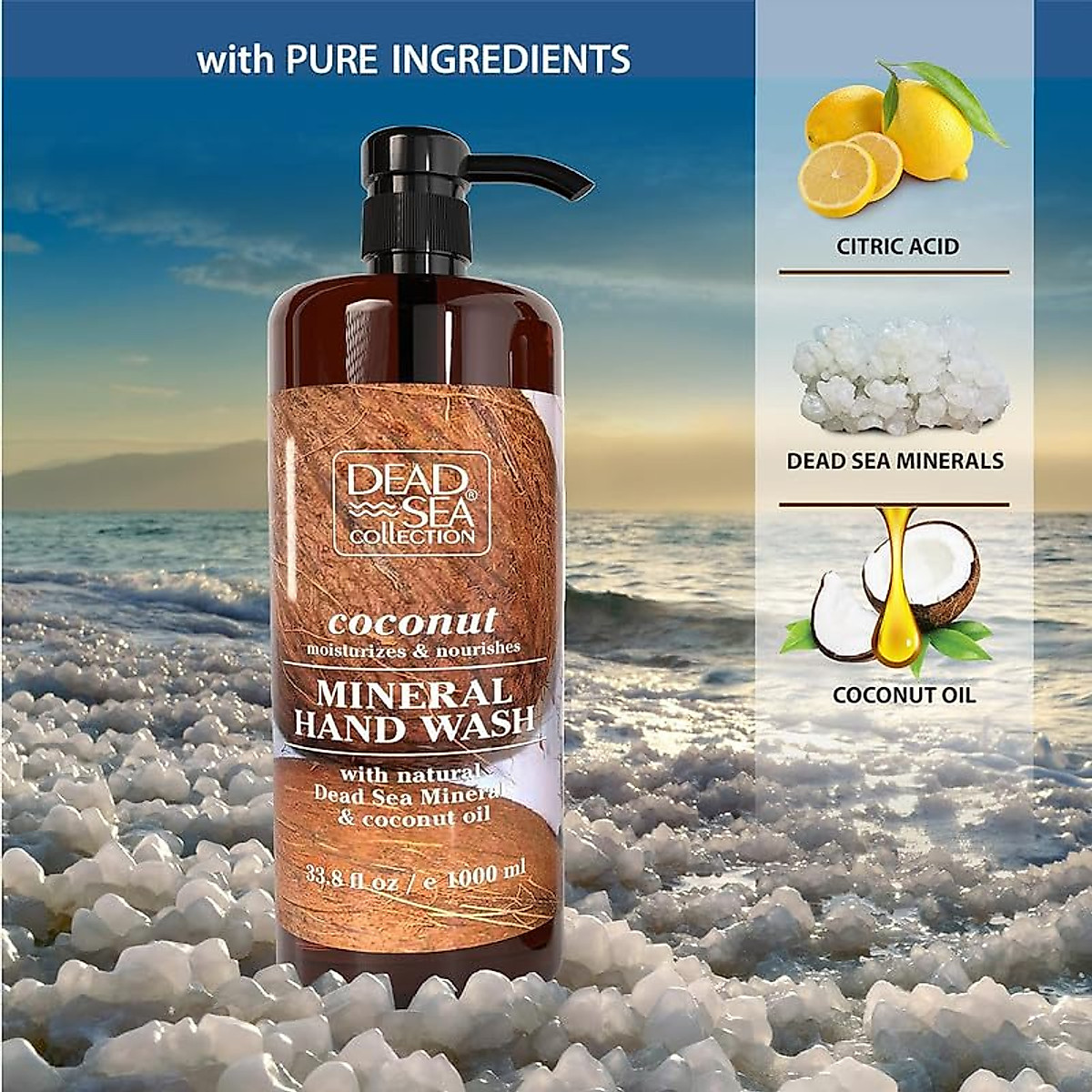 Dead Sea Collection Hand Soap Pump Coconut - Hand Wash Liquid with Dead Sea Minerals and Coconut Oil - All Skin Types Moisturizing & Nourishing - Pack of 2 (33.8 Fl Oz Each) - 67.6 Fl Oz