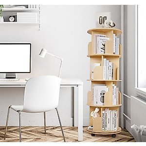 tonchean 4 Tier Rotating Bookshelf Tower,Wood Revolving Bookcase with Wheels Vertical Kids Toddler Bookshelf with Storage,Corner Display Bookshelf Rack for Library Study Office Living Room