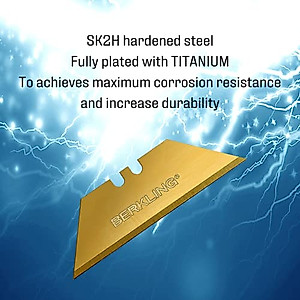 Berkling Utility Knife Blades Titanium Fully Plated 50-Pack With Dispenser, SK2H Laser Sharpened Hardened, Ultra 3X Sharper and 15X More Durable, Standard T-Shape for Most of Cutters & Knives