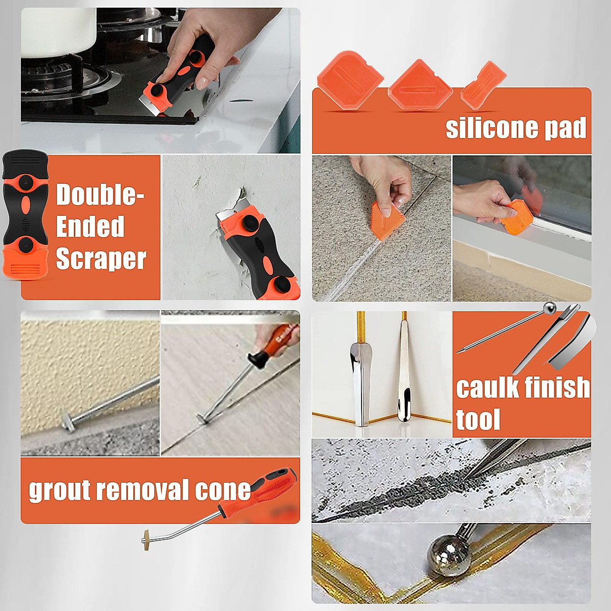 Caulking Tool Kit, Stainless Steel Caulk Remover Caulking Tool Set with Cut Resistant Gloves, Scraper, Silicone Caulking Tools, 4 in 1 Caulking Finishing Tool for Bathroom Kitchen Living Room