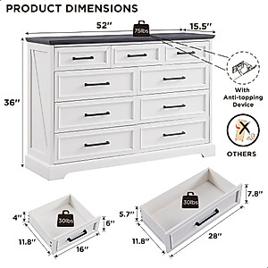ACCOHOHO Farmhouse 9 Drawer Dresser for Bedroom, 36 Inch Tall Modern Dresser TV Stand with Large Drawers & Bar Handles, Rustic Wood Chest of Drawers for Bedroom, Living Room, Hallway, Off White