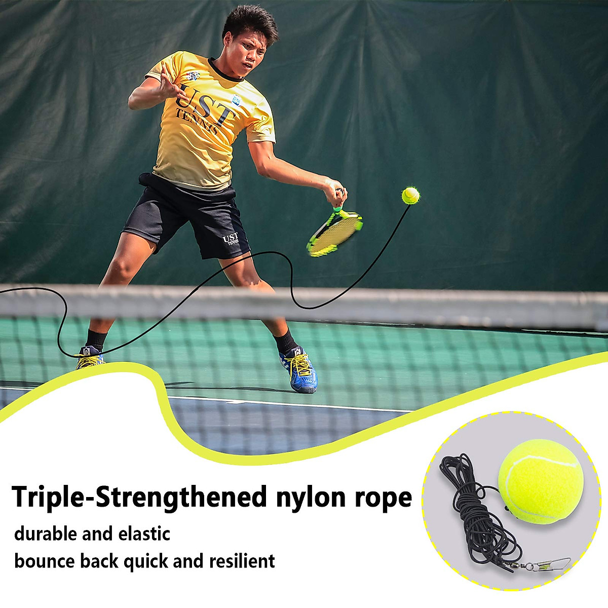 T4U888 Tennis Trainer Rebound Ball, Tennis Practice Trainer Gear Tennis Training Equipment Kit with 1 Trainer Base 4 Elastic Ropes & 4 Balls for Beginners, Kids, Adults