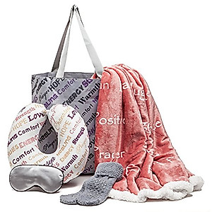 Chanasya and Healing Hugs Gift Throw Blanket Set - Sympathy, Warm Postive Thoughts, Courage and Strength - 5-Piece Combo Pack (Blanket, Neck Pillow, Eye Mask, Tote Bag and Socks) Rose Tan