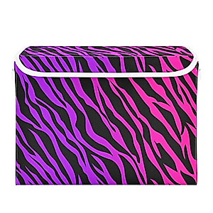 xigua Zebra Print Wallpaper Storage Bins with Lids Foldable Large Cube Storage Boxes with Handles for Home Bedroom Closet Office (16.5x12.6x11.8 in)