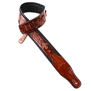 Walker And Williams GB-22 Bourbon Brown Padded Guitar Strap with Fleur De Lis & French Chain Design For Acoustic, Electric, And Bass Guitars