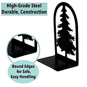Hômbase Decorative Bookends for Heavy Books, Paperbacks, Hardcovers, Encyclopedias, Cookbooks - 2X Beautiful Spruce Tree Heavy Duty Anti-Slip Metal Book Stoppers for Bookcase Bookshelves (Black)