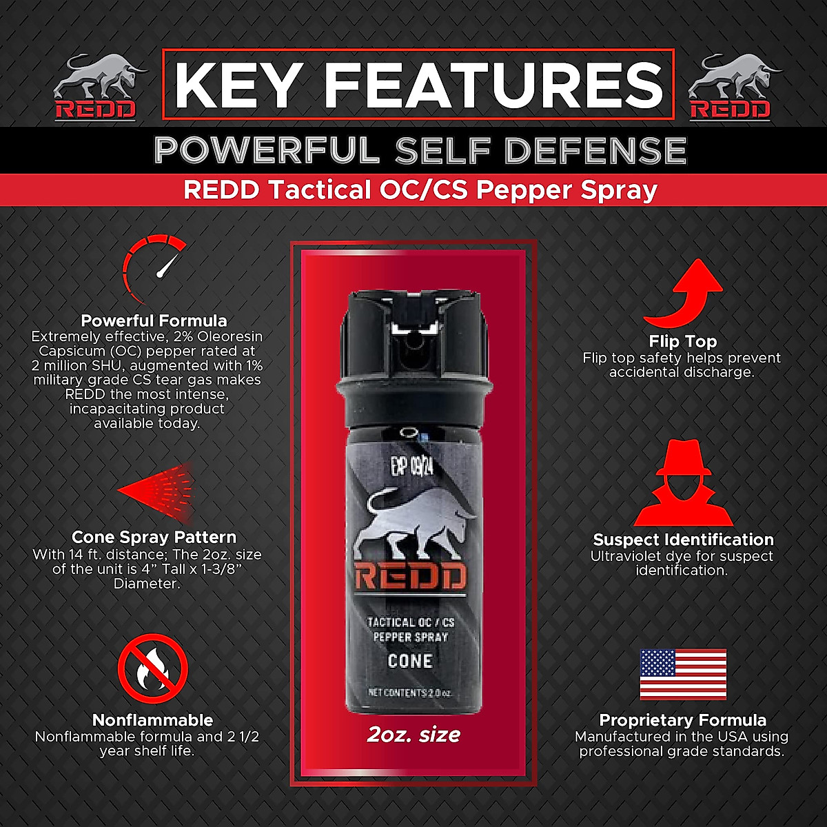 NW Self Defense Products Redd, Tactical OC/CS Pepper Spray - Flip Top Cone (2 oz)