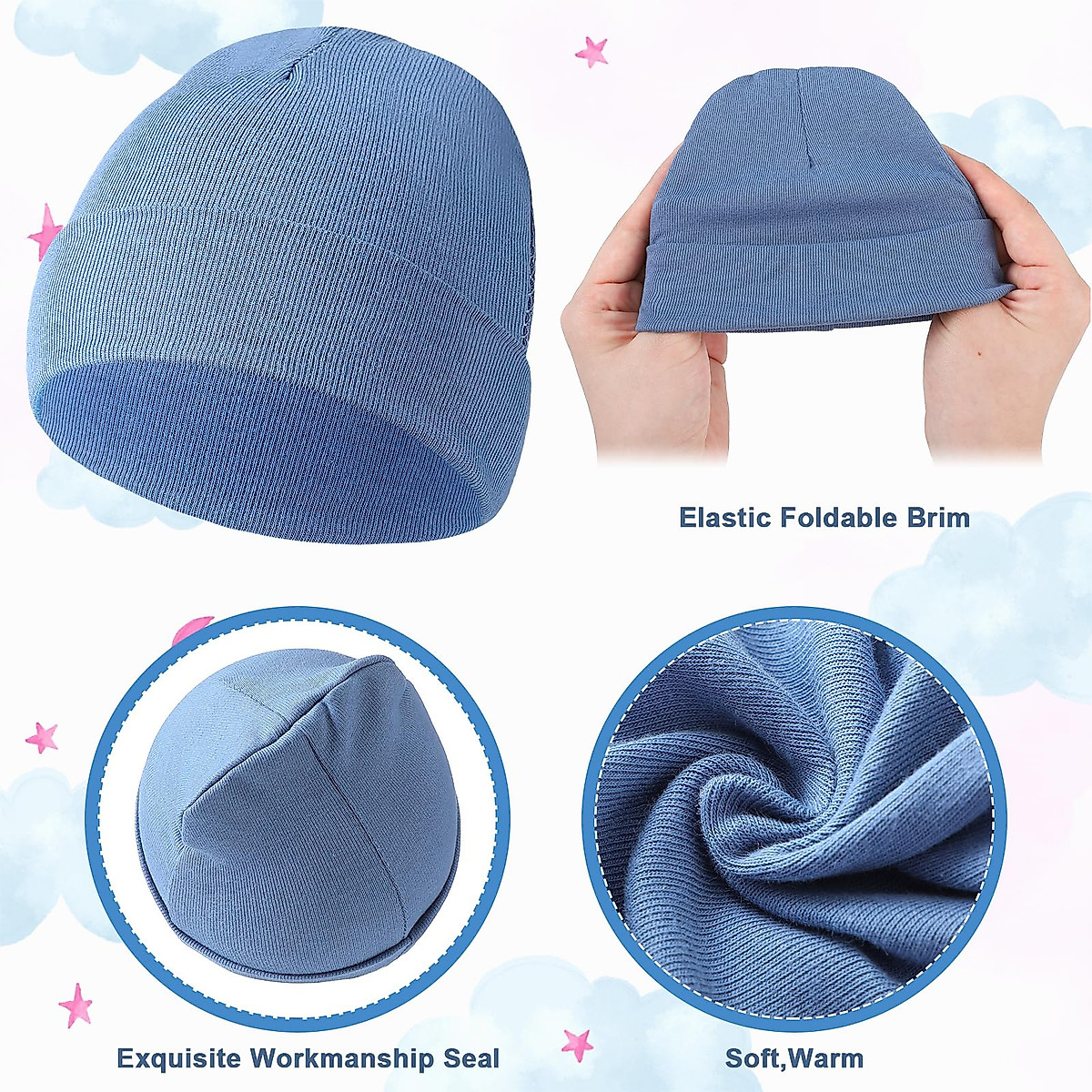 Newcotte 6 Pcs Preemie Baby Hats Cotton Preemie Caps Warm Newborn Beanie Premature Hat for Nicu Premature Boy Girl(Classic Color,Single Style)