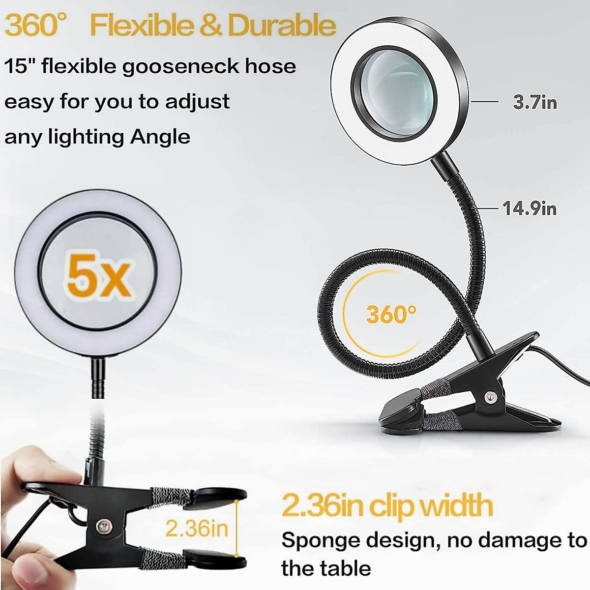lishumei LED USB 5X Magnifying Desk Lamp with Clamp, 48 LED Desk Lamp with 3 Color Modes 10 Brightness, 360 ° Flexible Gooseneck Clamp Lamp for Bed Headboard Reading Makeup Eyebrow