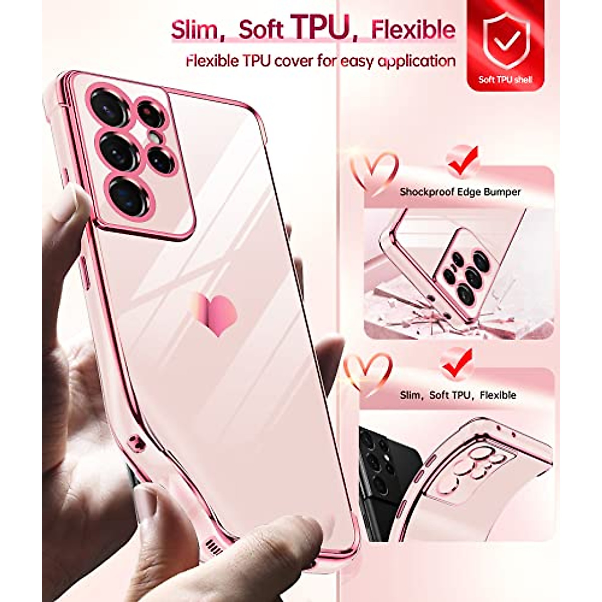 LeYi for S21 Ultra Case: with Full Camera Protection, Love Heart Plating Girly Women Cute Luxury Soft TPU Case for Samsung S21 Ultra, Pink