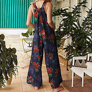 Bravetoshop Women Boho Overalls Summer Floral Loose Suspender Jumpsuits Wide Leg Pants Romper with Pockets (B-Navy,L)