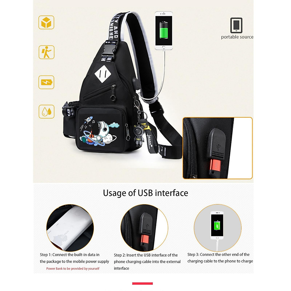 XinShuoBay Crossbody Sling Backpack For Men Anime Fashion One-Shoulder Bag Cartoon Luminous Pattern Backpack (Black Guitar)