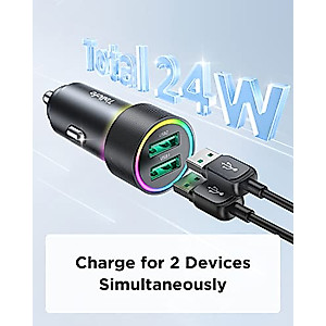 Car Charger, TOLLEFE 24W 4.8A Dual Port Cigarette Lighter Fast USB Car Charger RGB LED Light Car Charger Adapter Compatible with iPhone 14 Pro Max/13/12/11,Samsung S22/S21/S10/S9/S8