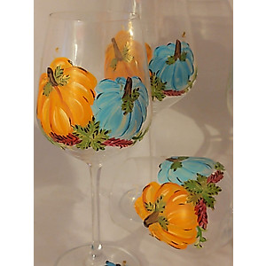 Hand painted autumn pumpkins goblets. set of 4 20 ounce white wine gobblets. usa