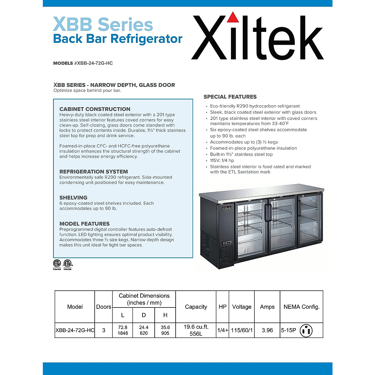 Xiltek New 72" Three Glass Door Back Bar Beer Cooler Refrigerator