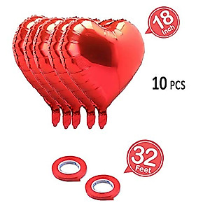 18 Inch Red Mylar Heart Balloons Foil Balloons For Valentines Day Wedding Engagement Party Decor, 10 Pc