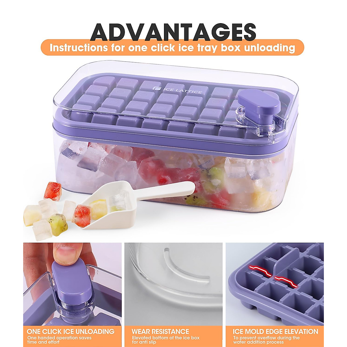 Ice Cube Trays with LId and Bin, Easy Release Ice Trays for Freezer, 2 Pack Ice Cube Molds, 64 Pcs Ice Cube Tray, Large Capacity Ice Tray Holder, Includes Ice Tong, Ice Spoon, for Whiskey, Cocktail.