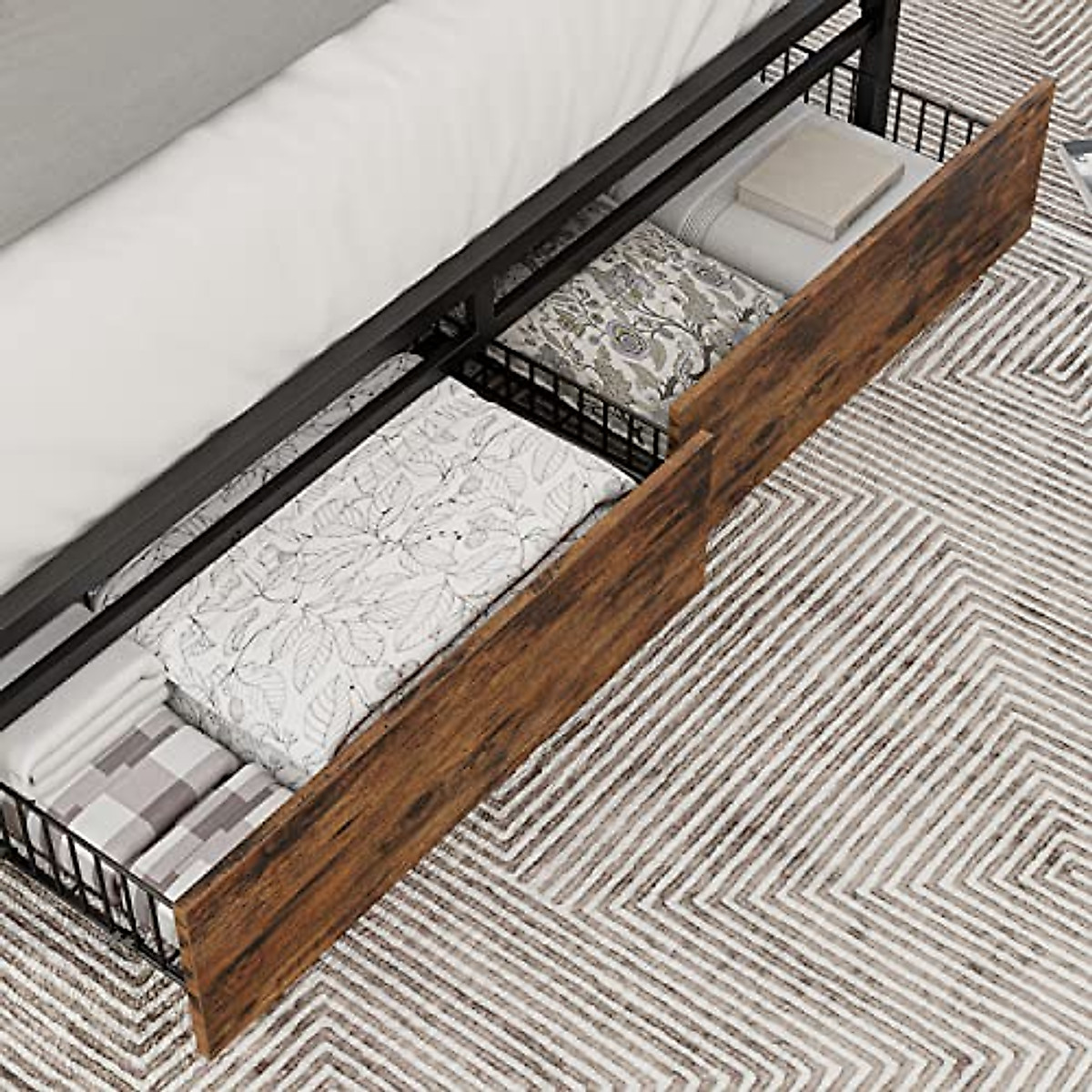 LIKIMIO Queen Bed Frame with Storage Headboard, Platform Bed with Drawers and Charging Station, No Box Spring Needed, Easy Assembly, Vintage Brown