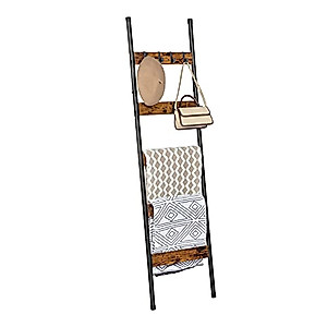 HOOBRO Blanket Ladder, 5-Tier Towel Rack with Hooks, Wall-Leaning Blanket Rack, Decorative Display Ladder Shelf, Scarves, Industrial, Living Room, Bedroom, Rustic Brown and Black BF52CJ01