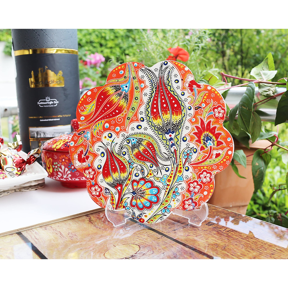 Küchengeräte 18 cm/7" inc Hand Painted Decorative Tulip Patterned Turkish Ceramic Trivet Coaster - Very Stylish - Scratch Proof Heat Resistant & Great Kitchen Home Office Decor - Best Gift Idea