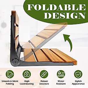 Koretech Teak Shower Bench, Folding Shower Seat Wall Mounted, Foldable Shower Chair for Home Care, 450 lbs Capacity (Black-Colored Stainless Steel, 13'' D x 17'' W x 11'' H)