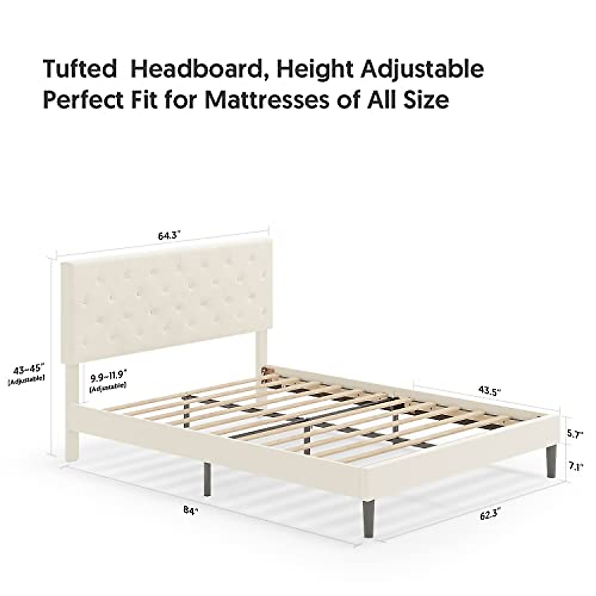 BONSOIR Queen Size Bed Frame Upholstered Low Profile Traditional Platform with Tufted Headboard/No Box Spring Needed/No Bed Skirt Needed/Soft Faux Velvet Upholstery/ Ivory