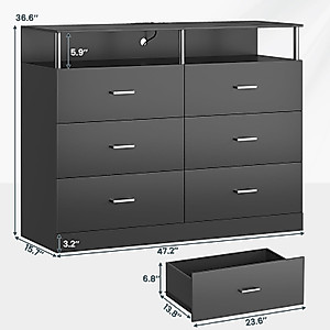 AOGLLATI Black Dresser for Bedroom with 6 Drawers, Dressers & Chests of Drawers with Column Design & Charging Station, Modern Bedroom Led Wide Dresser for Bedroom Closet
