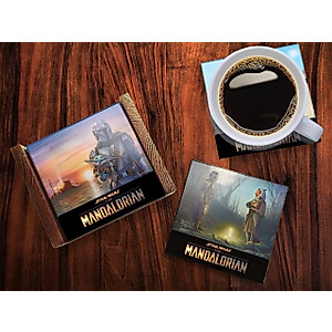 Star Wars – Mandalorian – The Child – Marshal – Razor Crest – Thomas Kinkade Studios – Set of Four 4” x 4” Glass Coasters - Comes with Stylish Modern Wooden Coaster – Officially Licensed Collectible