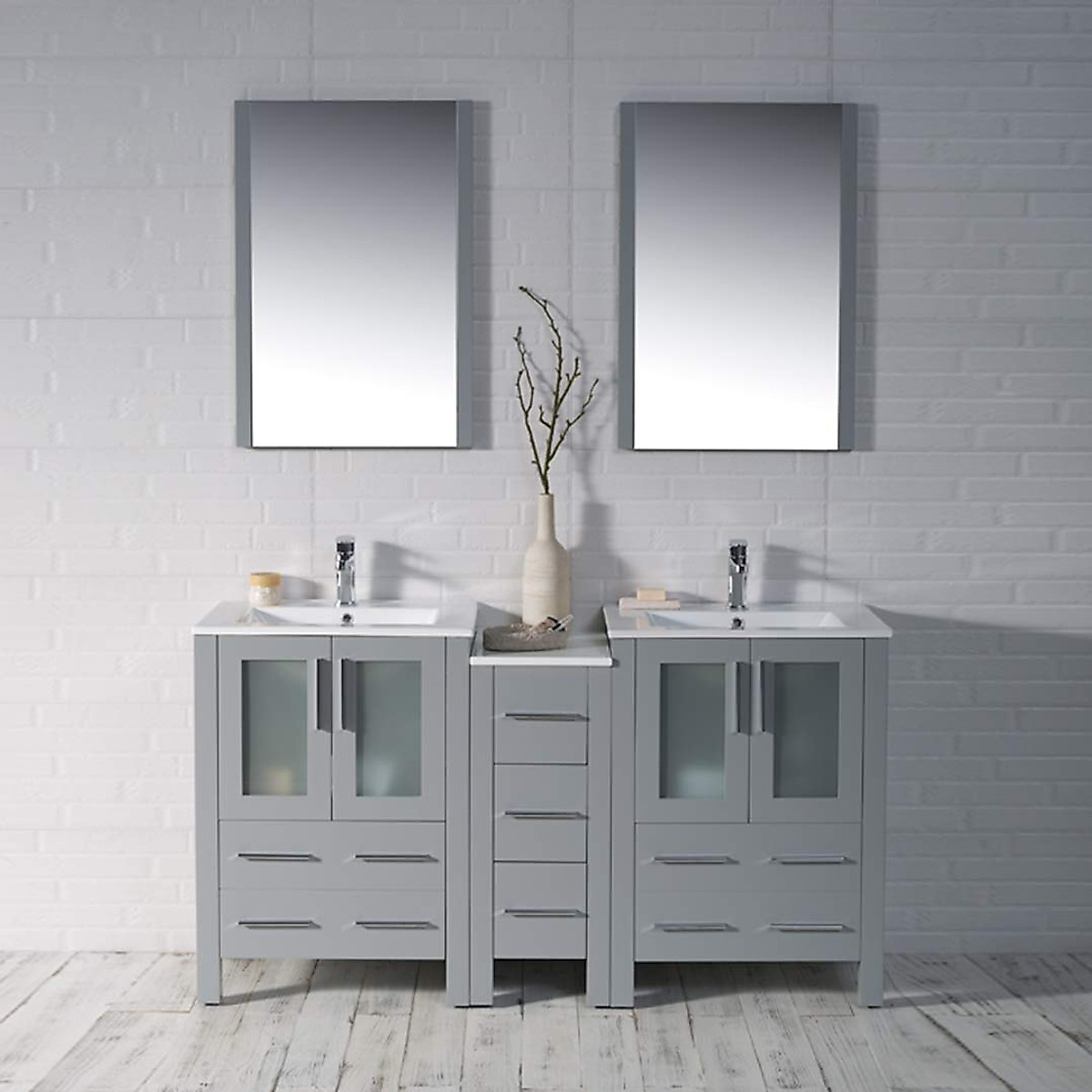 60 Inches All Wood Double Ceramic Sink Bathroom Vanity with Side Cabinet, 001 60 15 C (Double Ceramic Top, Metal Grey)
