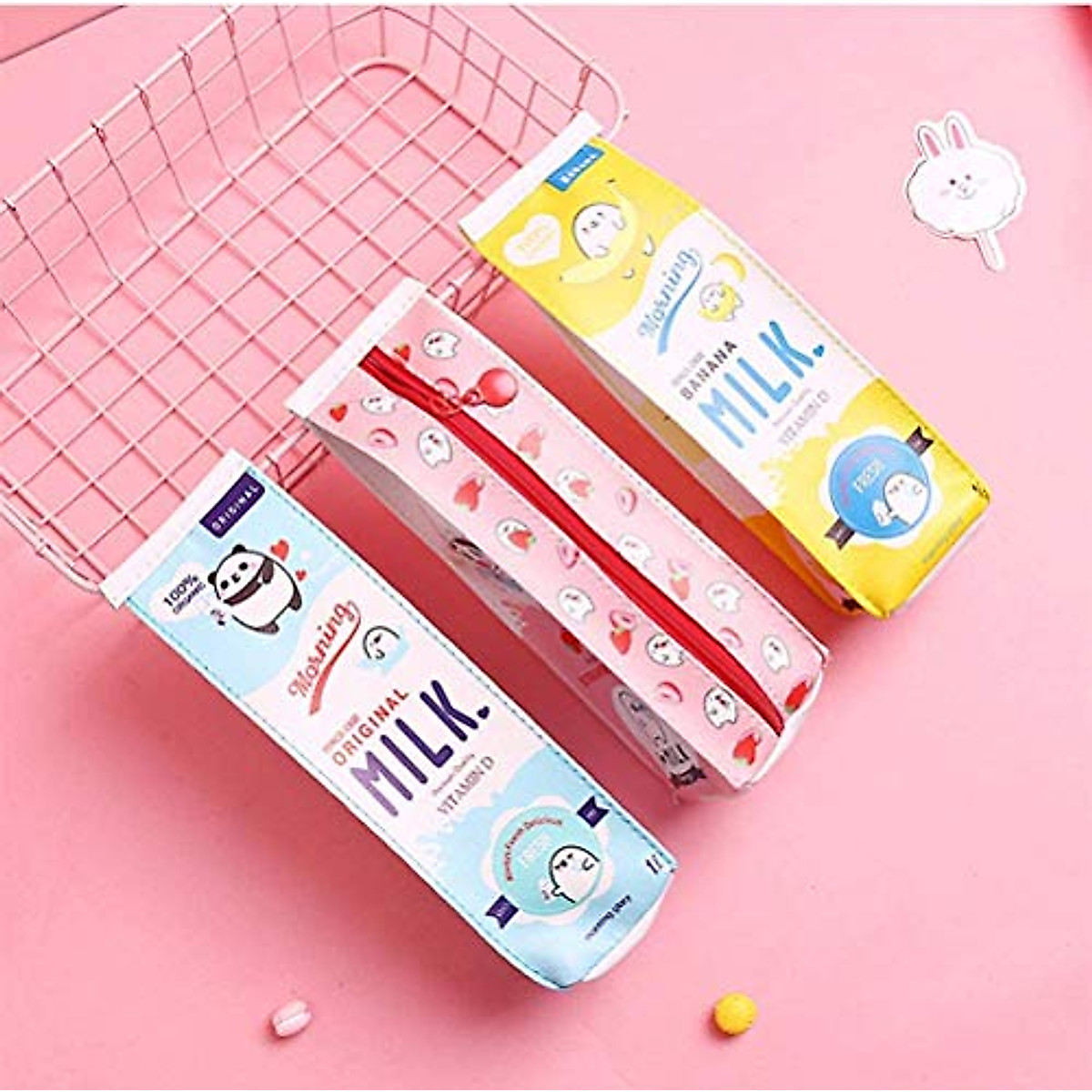 NYKKOLA Kawaii Set of 3 Milk Carton Pencil Cases Cosmetic Bag + 3 Carrot Gel Ink Pens