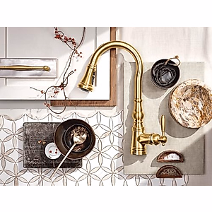Moen Weymouth Brushed Gold Smart Faucet Touchless Pull Down Sprayer Kitchen Faucet with Voice Control and Power Boost, S73004EVBG