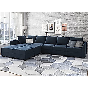 HONBAY Modular Sectional Sofa Set Oversized U Shaped Couch with Storage Ottoman Convertible Sleeper Sectional Sofa Velvet Modular Couch with Wide Chaise, Dark Blue