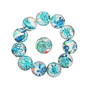 VILLCASE 60 pcs Flat Round Beads Glass snap Buttons Bracelet Blanks Beads for Bracelets Mosaic Printed Beads Picture Glass cabochons Rhinestone Jewelry Glass Patch Gem Paste Seaside Ocean