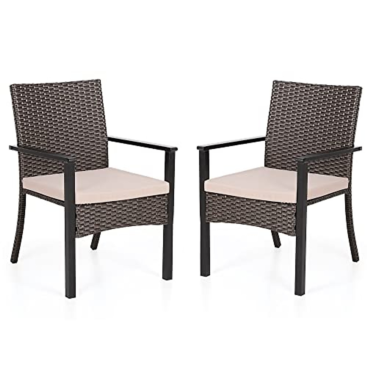 PHI VILLA Outdoor Wicker Chairs Set of 2, Rattan Covered Metal Armchairs with Removable Cushion, Heavy Duty Furniture Set for Patio, Deck, Porch, Yard