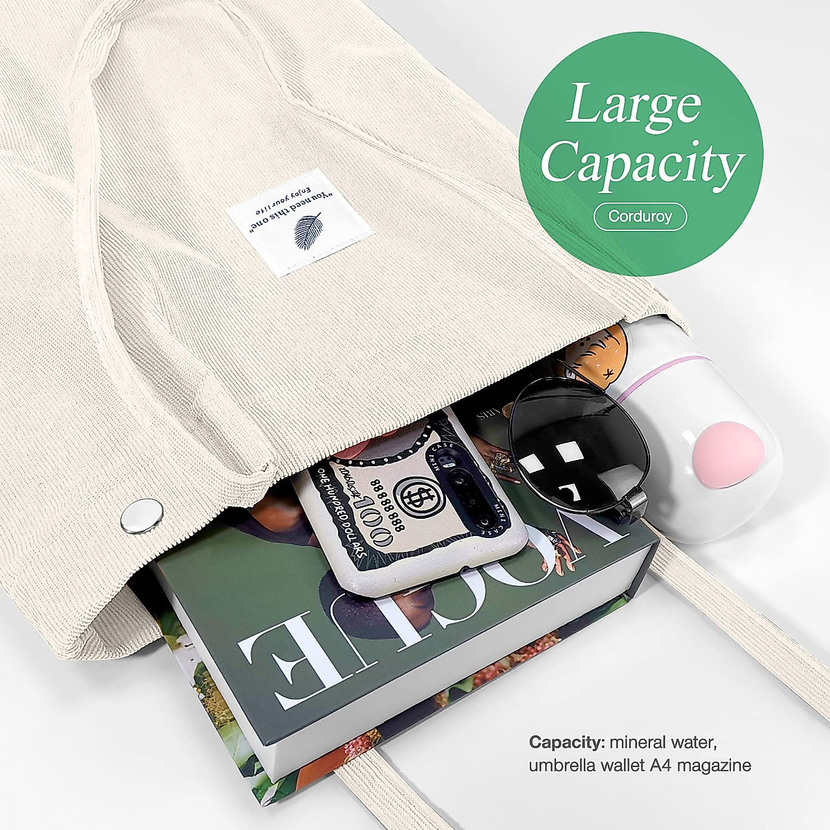 LHMTQVK Corduroy Tote Bags for Women, Large Capacity Corduroy Bag Reusable Grocery Shoulder Bag with Inner Pockets (Beige)