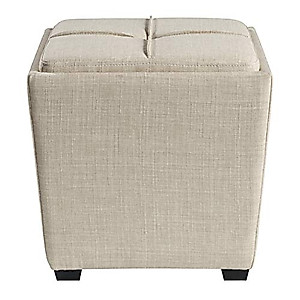 OSP Home Furnishings Ave Six Rockford Square Storage Ottoman with Padded Upholstery and Hidden Serving Tray, Cream Fabric