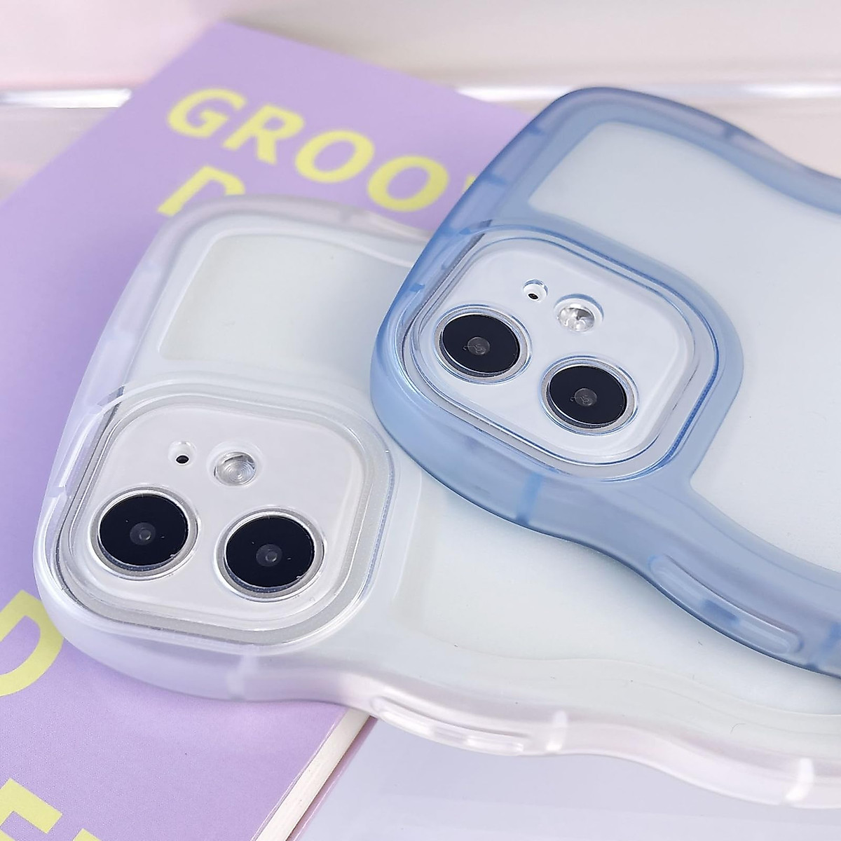 Eiyikof Compatible with iPhone 12 Mini Clear Case,Cute Solid Color Curly Wave Frame Transparent Soft Silicone Anti-Scratch Shockproof Protective Slim Case for Women Girls-Blue