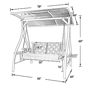 Iwicker Patio 2-Seat Deluxe Porch Swing with Sunbrella Cushions, Outdoor Swing Chair with Solar Light and Convertible Board Canopy