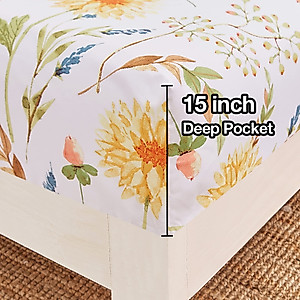 JSD Yellow Floral Printed Sheet Set Queen Size, 4 Piece Soft Botanical Spring Microfiber Bed Sheets Deep Pocket