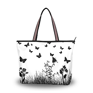 Tote Bag Black Butterfly Print, Large Capacity Zipper Women Grocery Bags Purse for Daily Life 2 Sizes