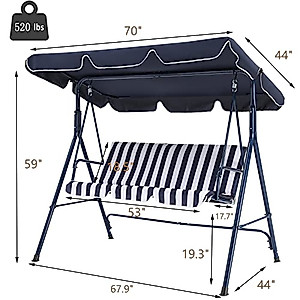 SUPERJARE Porch Swing with Adjustable Height Chain, 70’’ Convertiable Canopy Outdoor Swing, 3 Person Patio Swing, Outside Swing Chair for Yard, Garden, Poolside - Blue and White