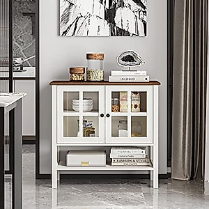 Spirich Home Sideboard Buffet Cabinet, Kitchen Storage Cabinet with 2 Glass Doors and Adjustable Shelf, Wood Cupboard Console Table for Dining Room White
