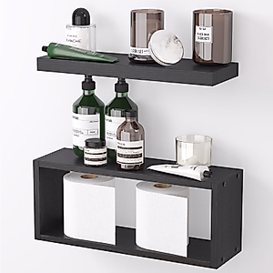 Fixwal 2+1 Tier Floating Shelves, Rustic Bathroom Shelves Over Toilet with Invisible Brackets, Farmhouse Wall Decor for Bedroom, Living Room, Kitchen and Plants (Black)