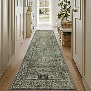 BEIMO Runner Rug 2x5 for Hallway Living Room Bedroom, Machine Washable Rug, Print Vintage Tribal Aesthetic Carpet, Low Pile Mat with Non Slip Rubber Backing, Distressed Sage