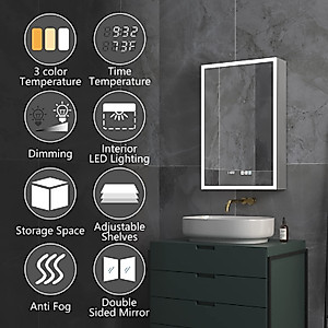 ExBrite Lighted Medicine Cabinet 20 x 30 Inch,Recessed or Surface led Medicine Cabinet, Clock&Room Temp Display,Defog,Dimming,Medicine Cabinet with Lights 3-Color Temper Chang,Hinge on The Right