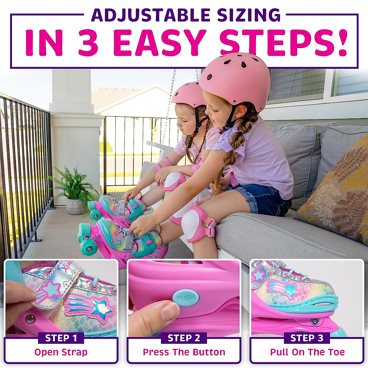 Xino Sports Roller Skates for Girls - Rainbow Light Up Kids Roller Skates Girls, Adjustable Roller Skates with Illuminating LED Wheels, Multicolor Girls Skates (Rainbow, Medium - 1-4)