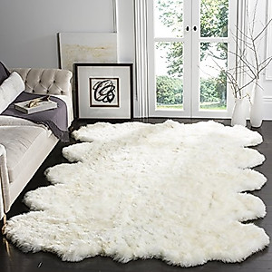 SAFAVIEH Sheep Skin Collection Area Rug - 6' Square, Natural & White, Handmade Rustic Glam Genuine Pelt, 3.4-inch Thick Ideal for High Traffic Areas in Living Room, Bedroom (SHS211A)